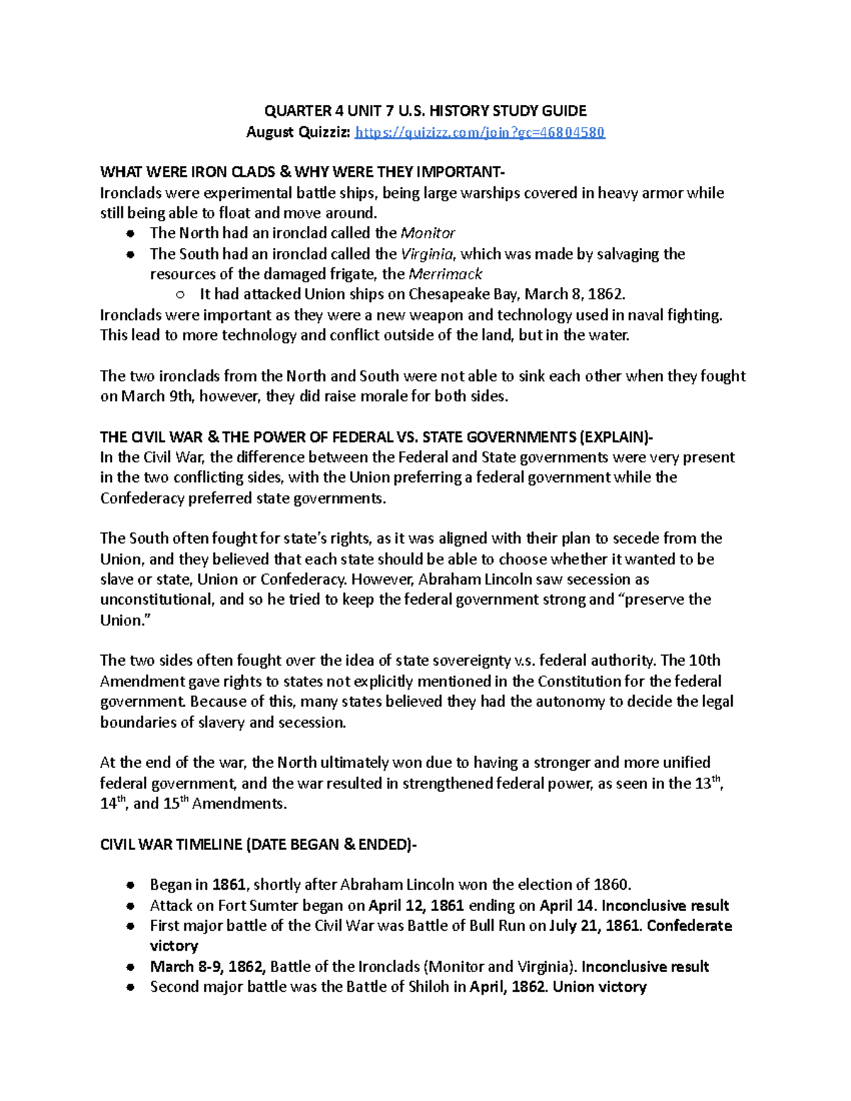 Q4 U7 US History Study Guide: Key Events, Battles, & Concepts - QUARTER ...