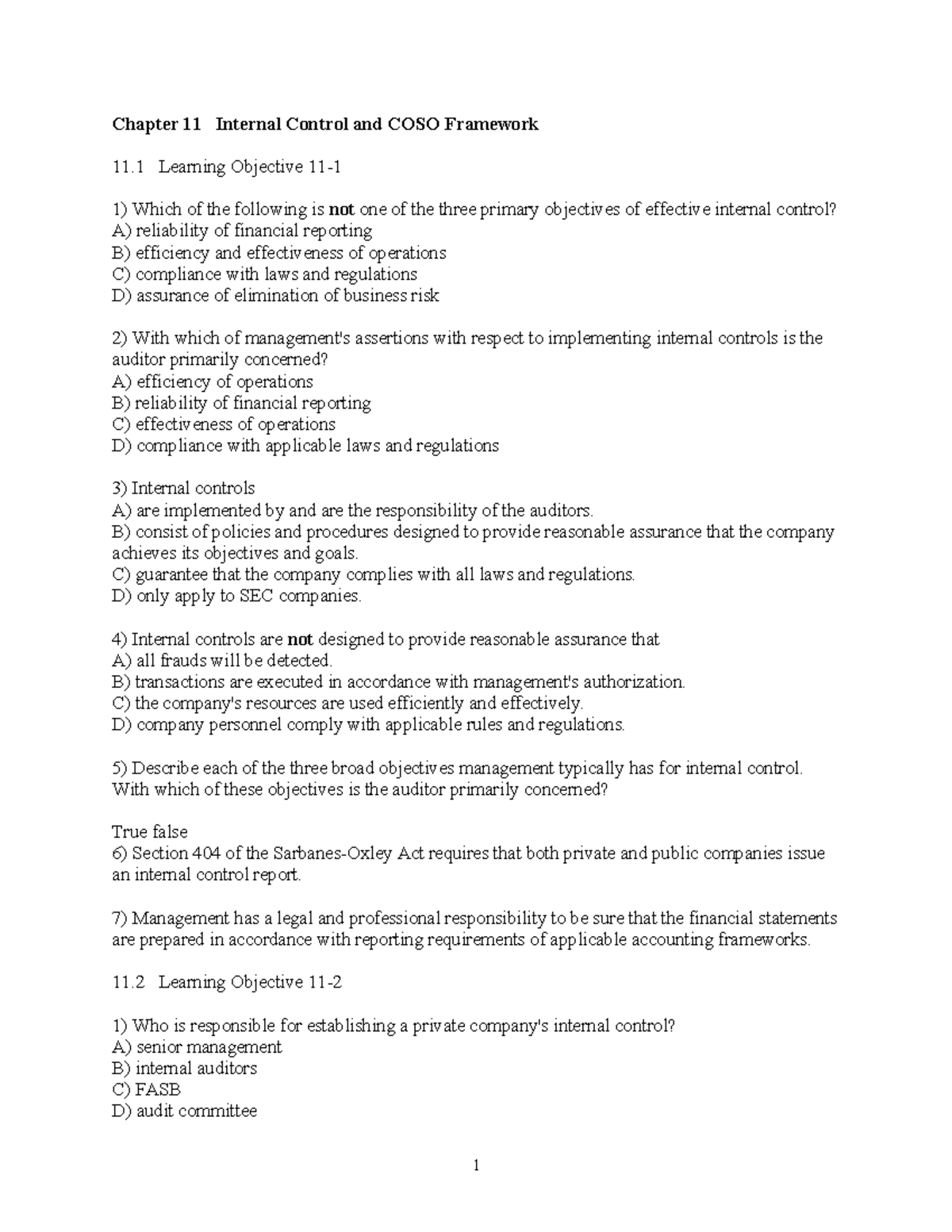 Chapter 11 Questions on Internal Control & COSO Framework - Studocu