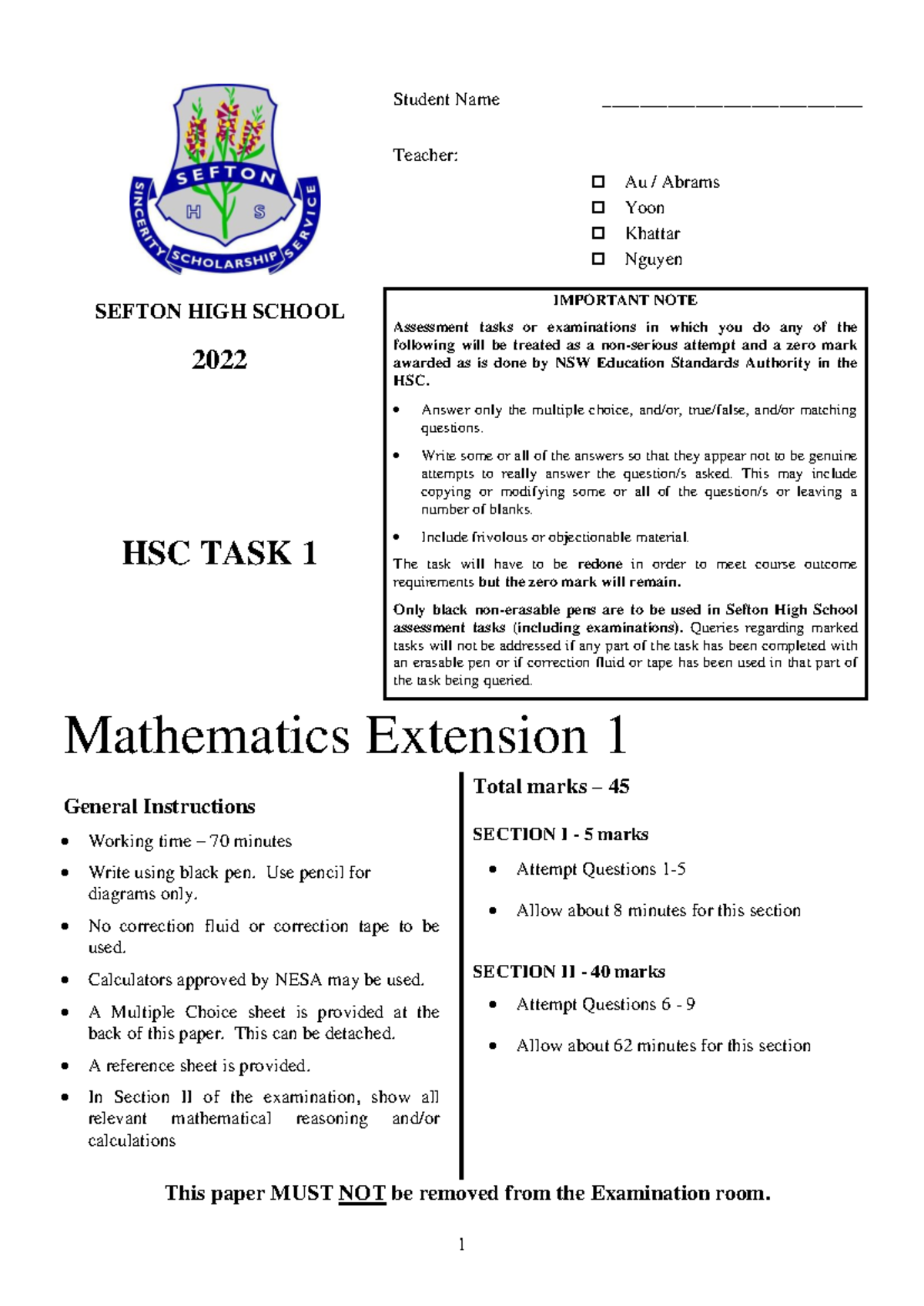 2022 HSC Mathematics Extension 1 Task 1 Exam Paper - Studocu
