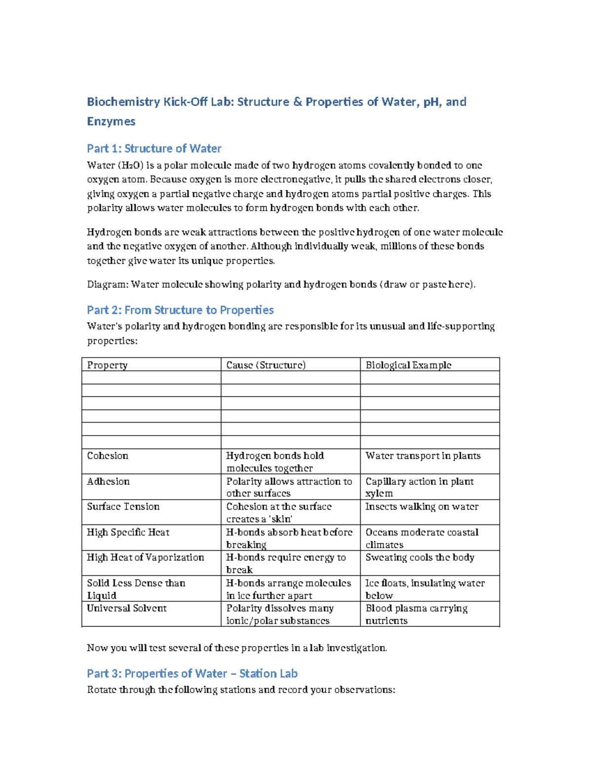 Biochemistry Lab: Water Structure, pH, and Enzyme Properties - Studocu