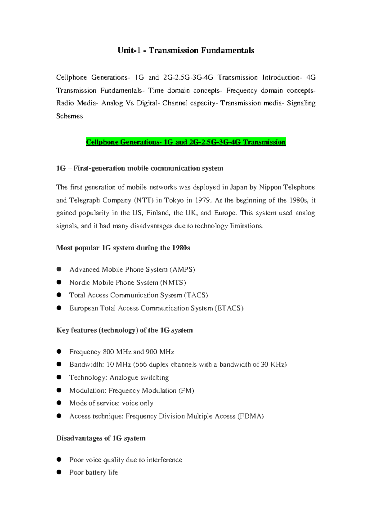 Unit-1: Transmission Fundamentals - 1G to 5G Overview and Concepts ...