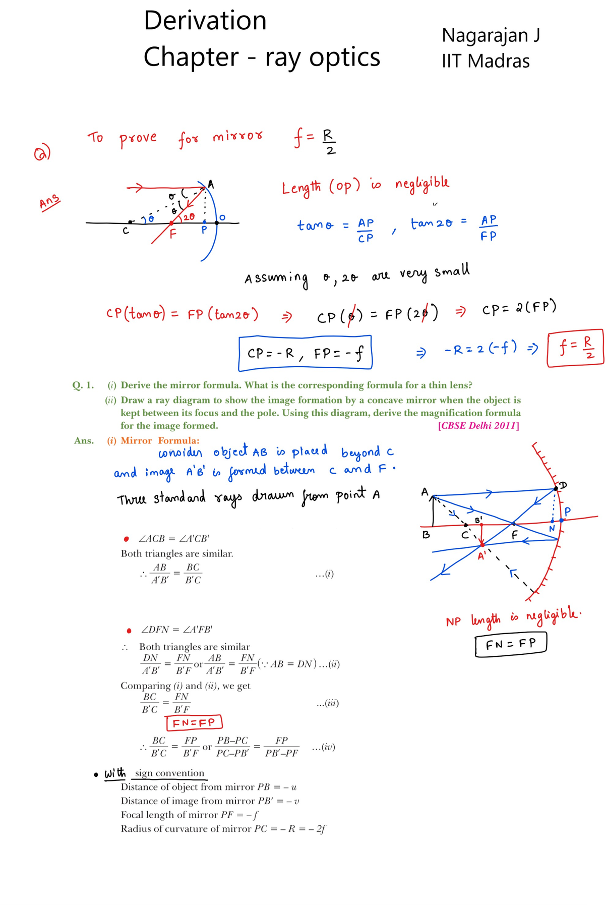 Derivations in Ray Optics: IIT Madras Final Exam Notes - Studocu