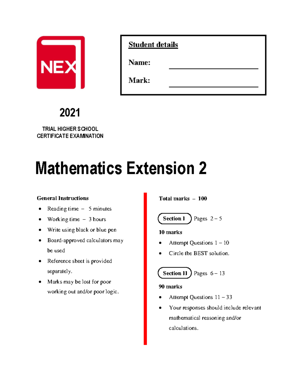 Next - 2021 Year 12 4U Trial Mathematics Exam - Studocu