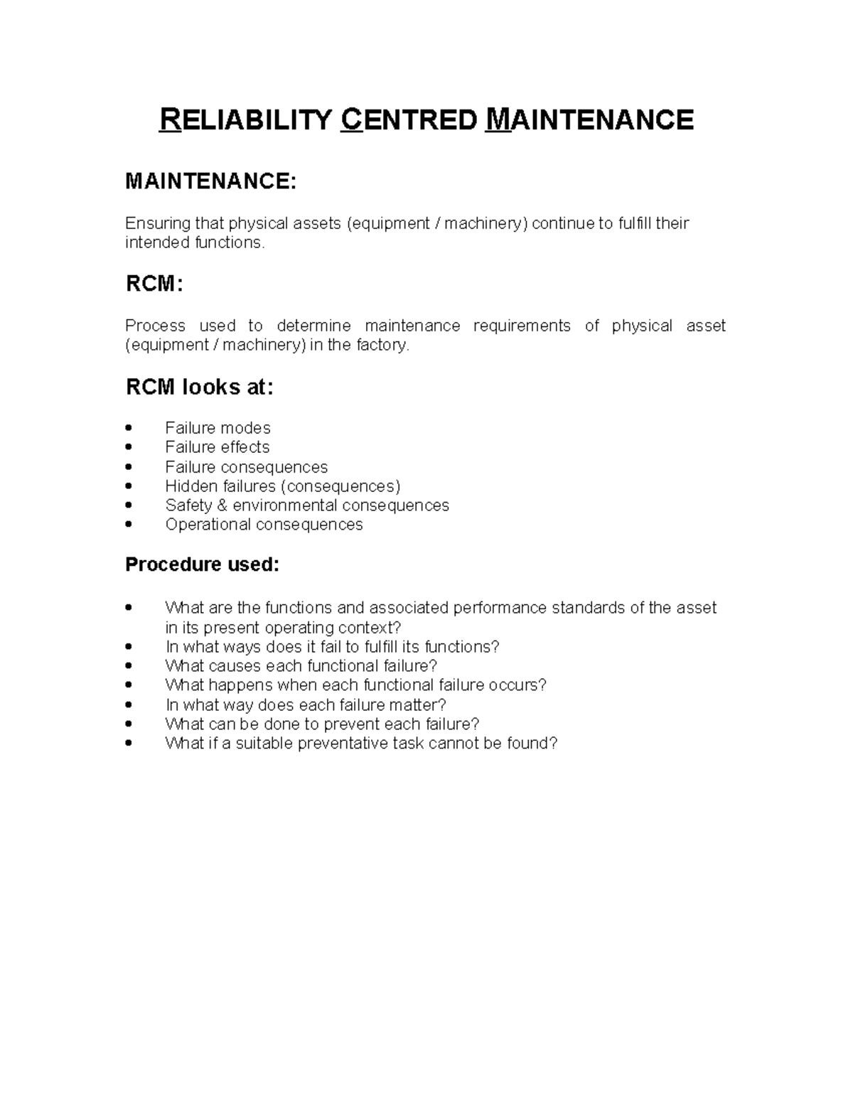 RELIABILITY CENTRED MAINTENANCE (RCM) Overview and Benefits - Studocu