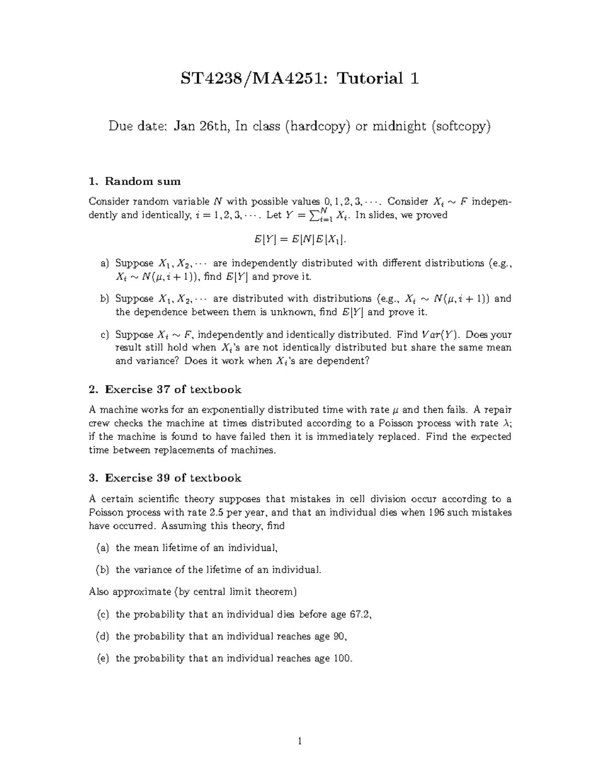 Stochastic Processes 2 - Tutorial 1 - ST4238/MA4251: Tutorial 1 Due ...