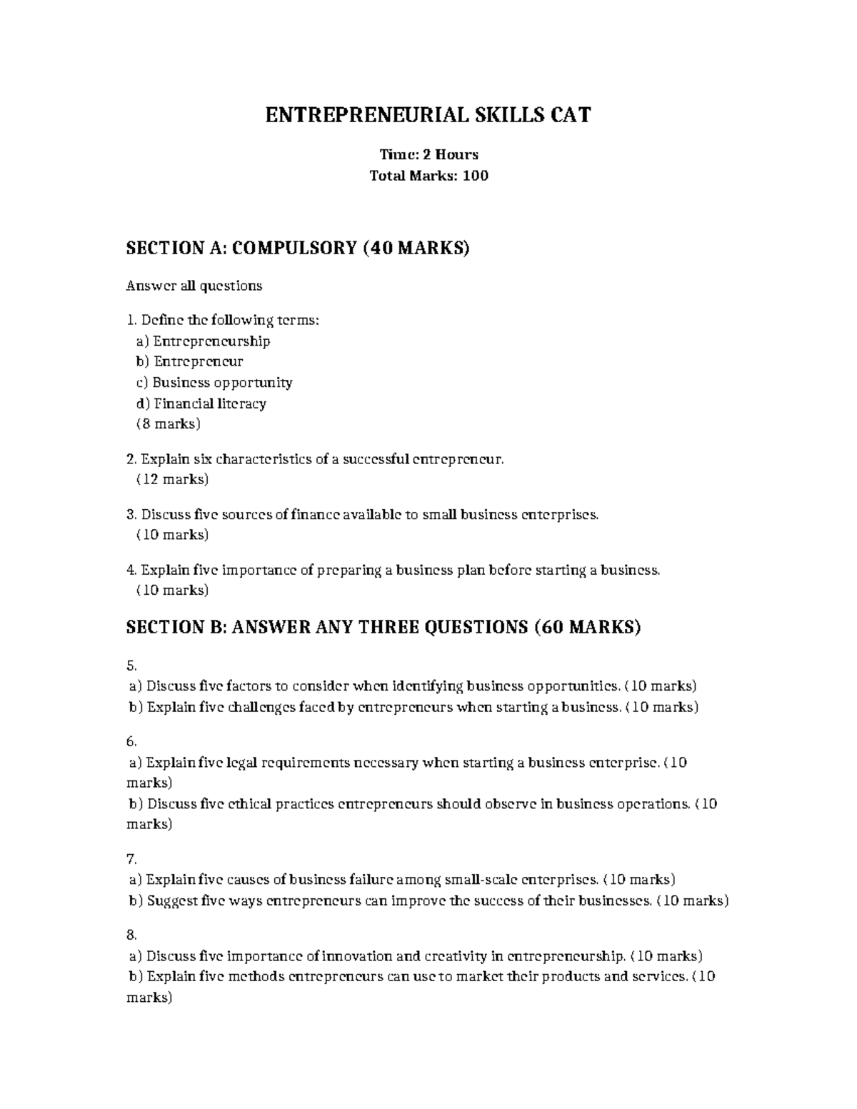 ENTREPRENEURIAL SKILLS CAT: Key Concepts & Challenges Analysis - Studocu