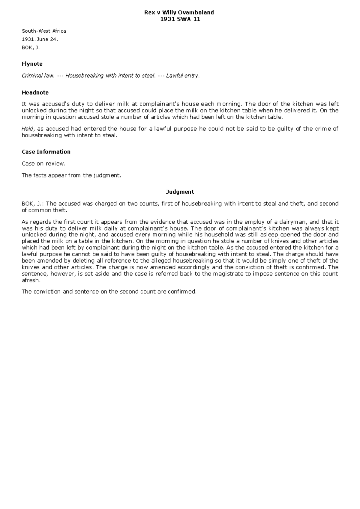 Rex v Willy Ovamboland 1931 SWA 11: Housebreaking & Theft Case Review ...