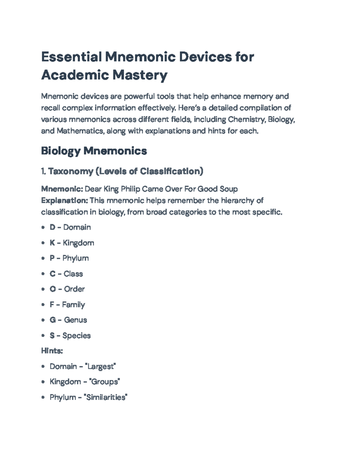 Essential Mnemonic Devices for Academic Topics: Biology, Chemistry ...