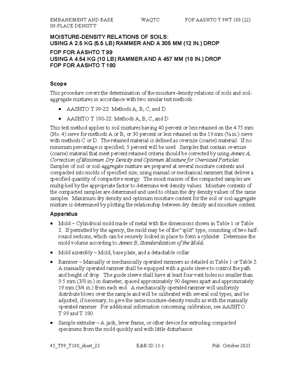 AASHTO T99 & T180: In-Place Density and Moisture-Density Relations ...