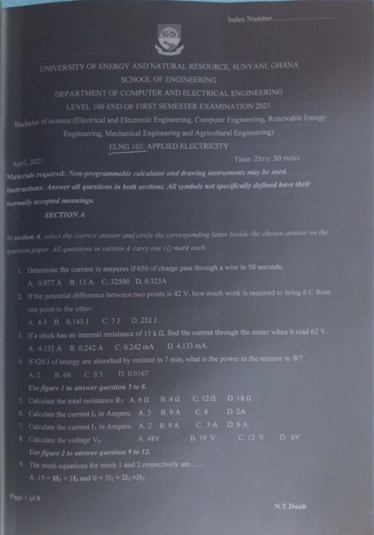 ELNG 103: Applied Electricity - Level 100 End of Semester Exam ...