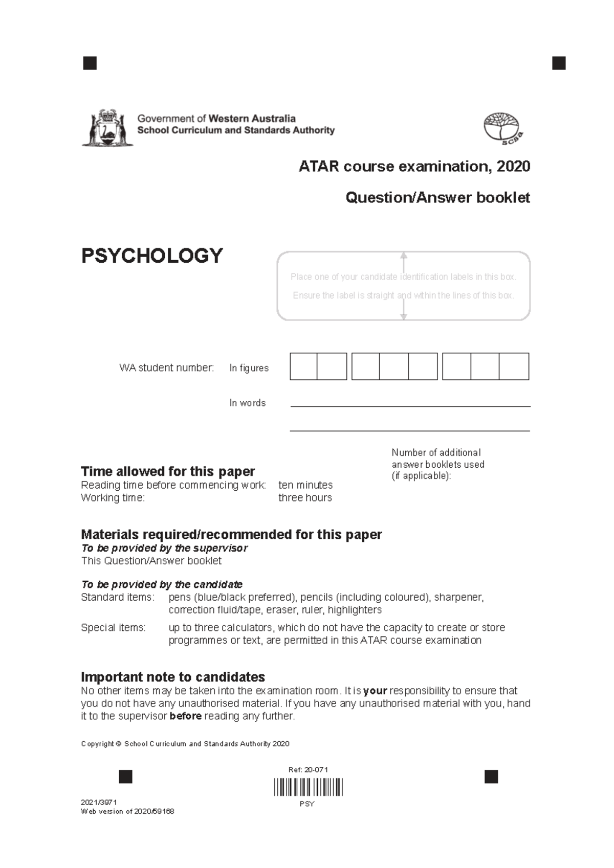 ATAR Psychology Exam 2020: Candidate Instructions and Structure - Studocu