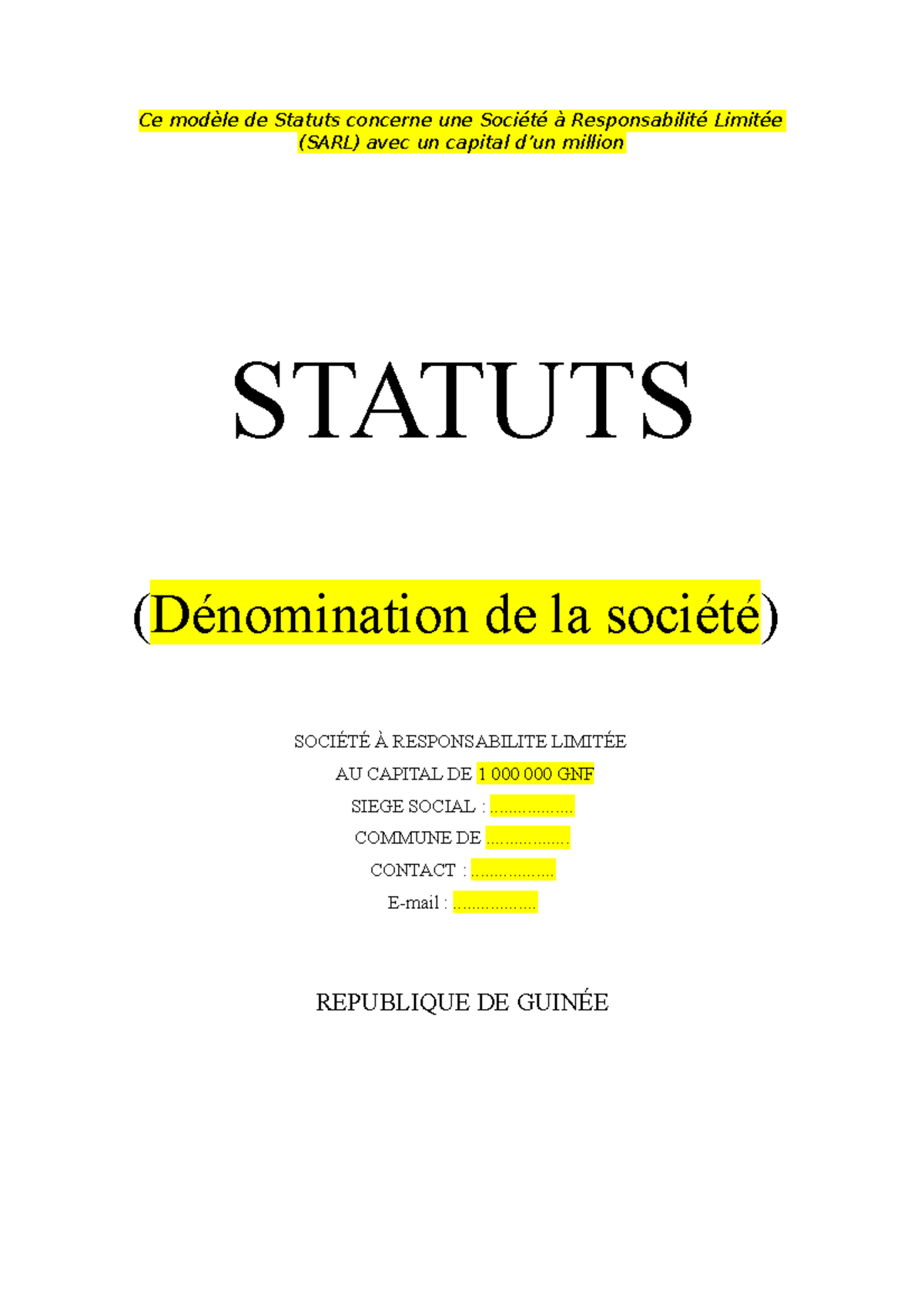 Modèle de Statuts SARL - Création d'une Société à Responsabilité ...