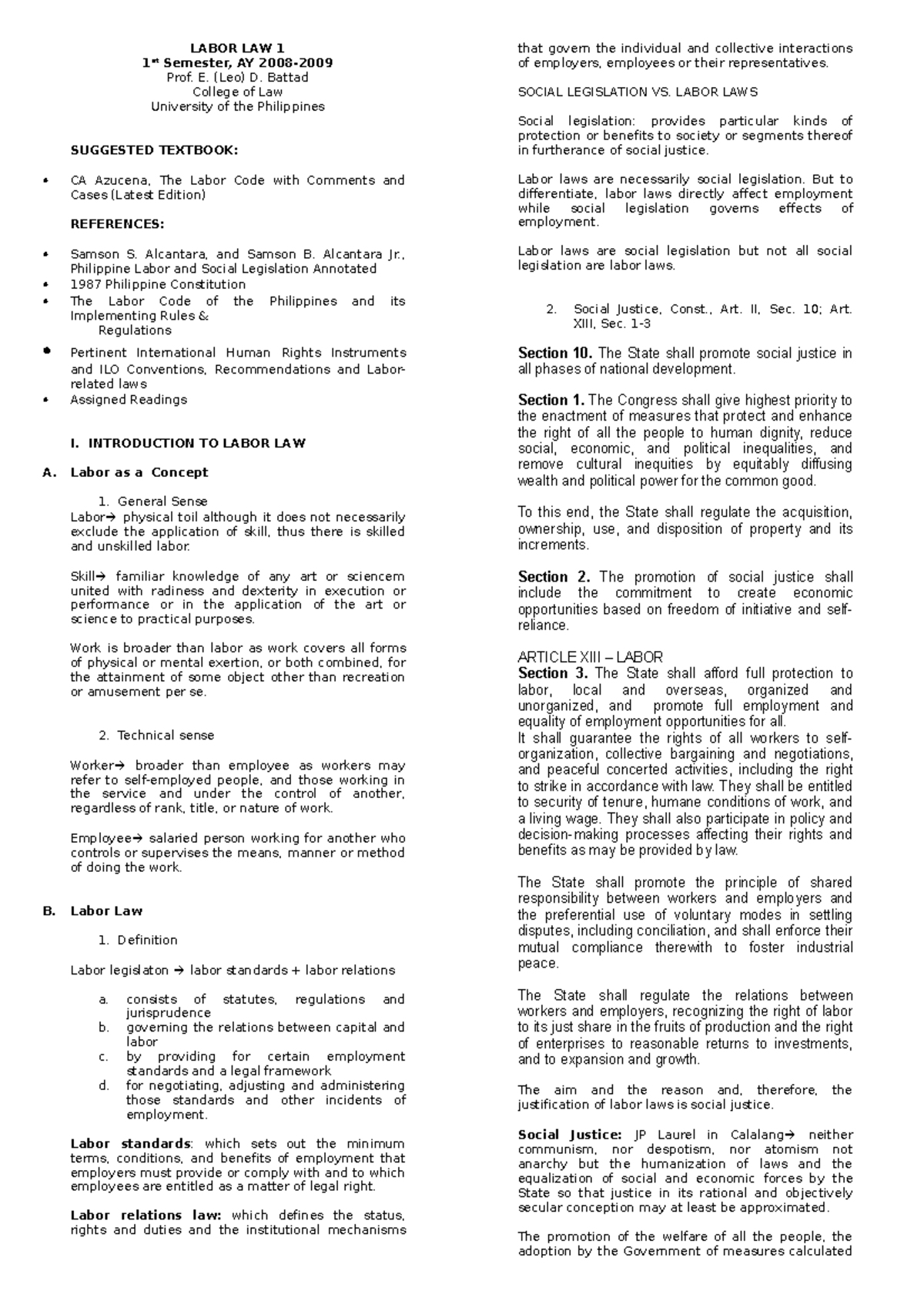 Labor LAW 1 - Lecture Notes on Labor Concepts and Social Justice - Studocu