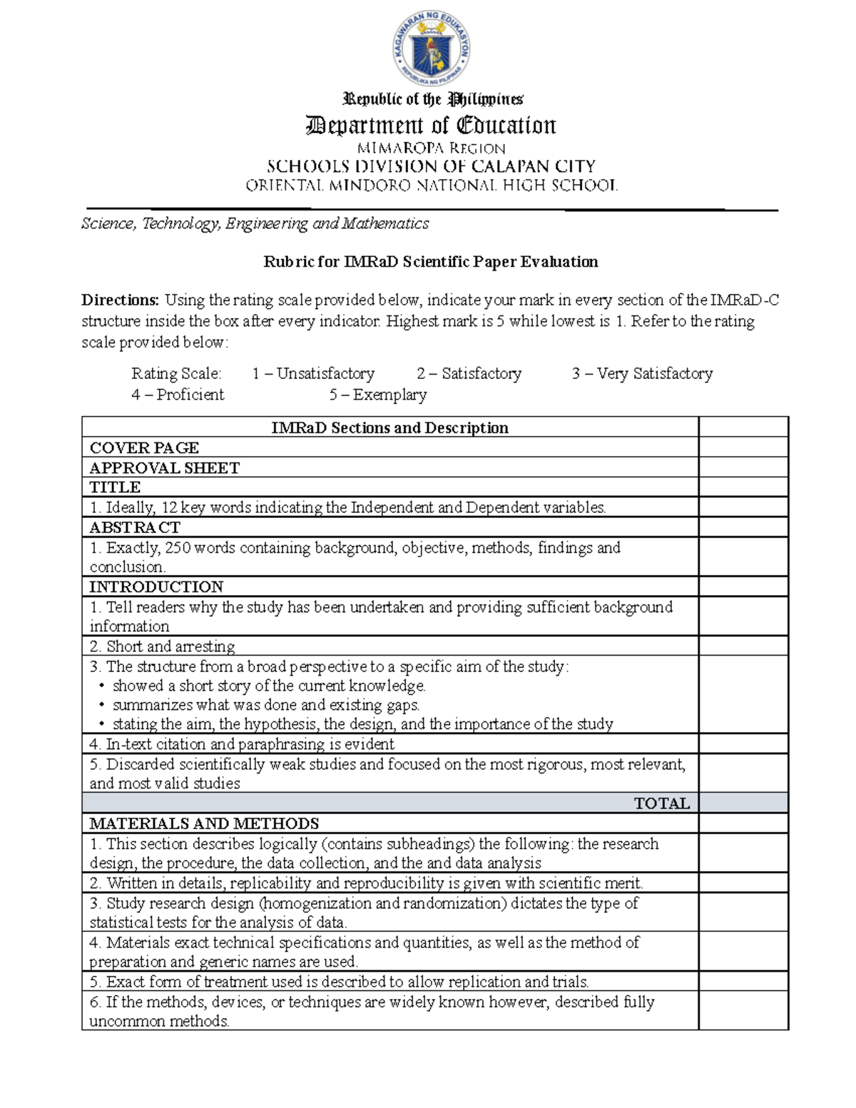 Rubric for IMRaD Scientific Paper Evaluation - Philippines DepEd - Studocu