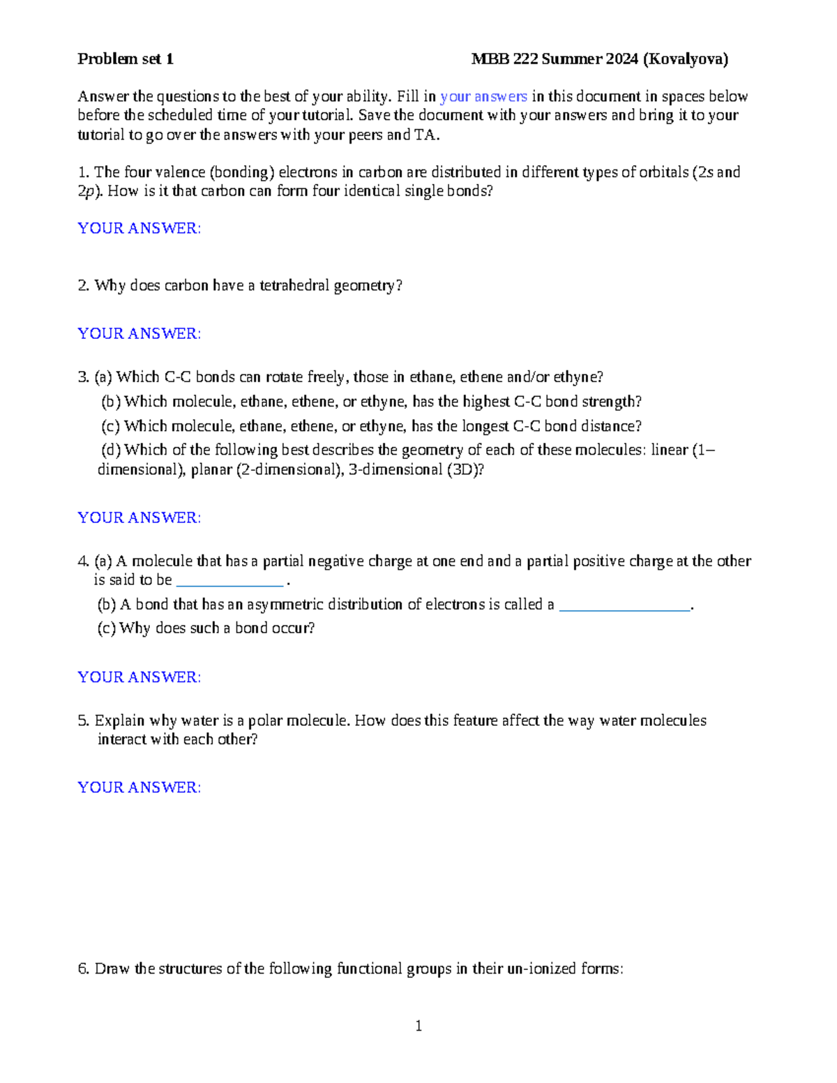 Problem set 1 - practice probelms - Problem set 1 MBB 222 Summer 2024 (Kovalyova) Answer the ...
