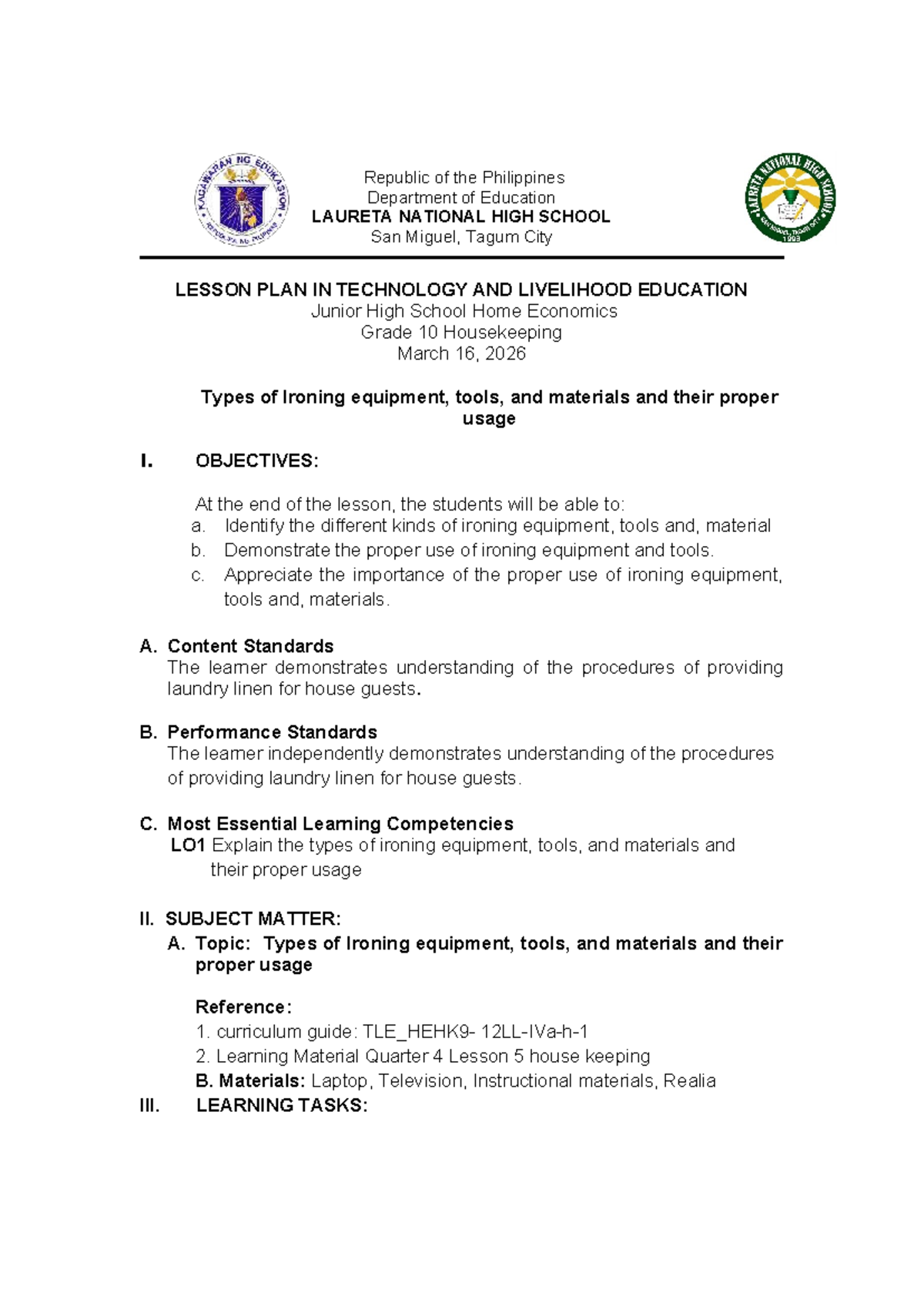 Final Lesson Plan in TLE 10: Ironing Equipment & Usage - Studocu