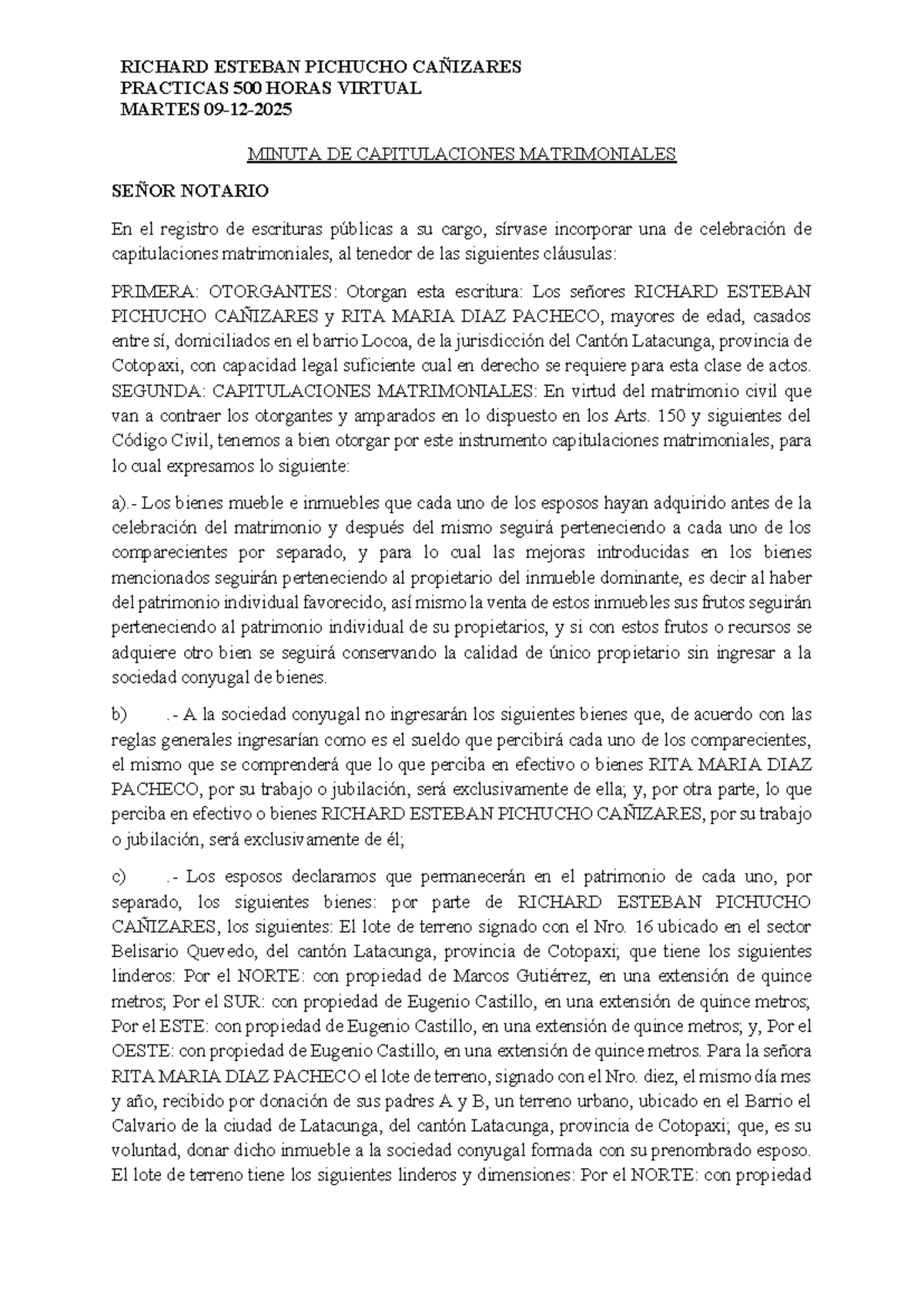 Minuta de Capitulaciones Matrimoniales - RICHARD ESTEBAN PICHUCHO ...
