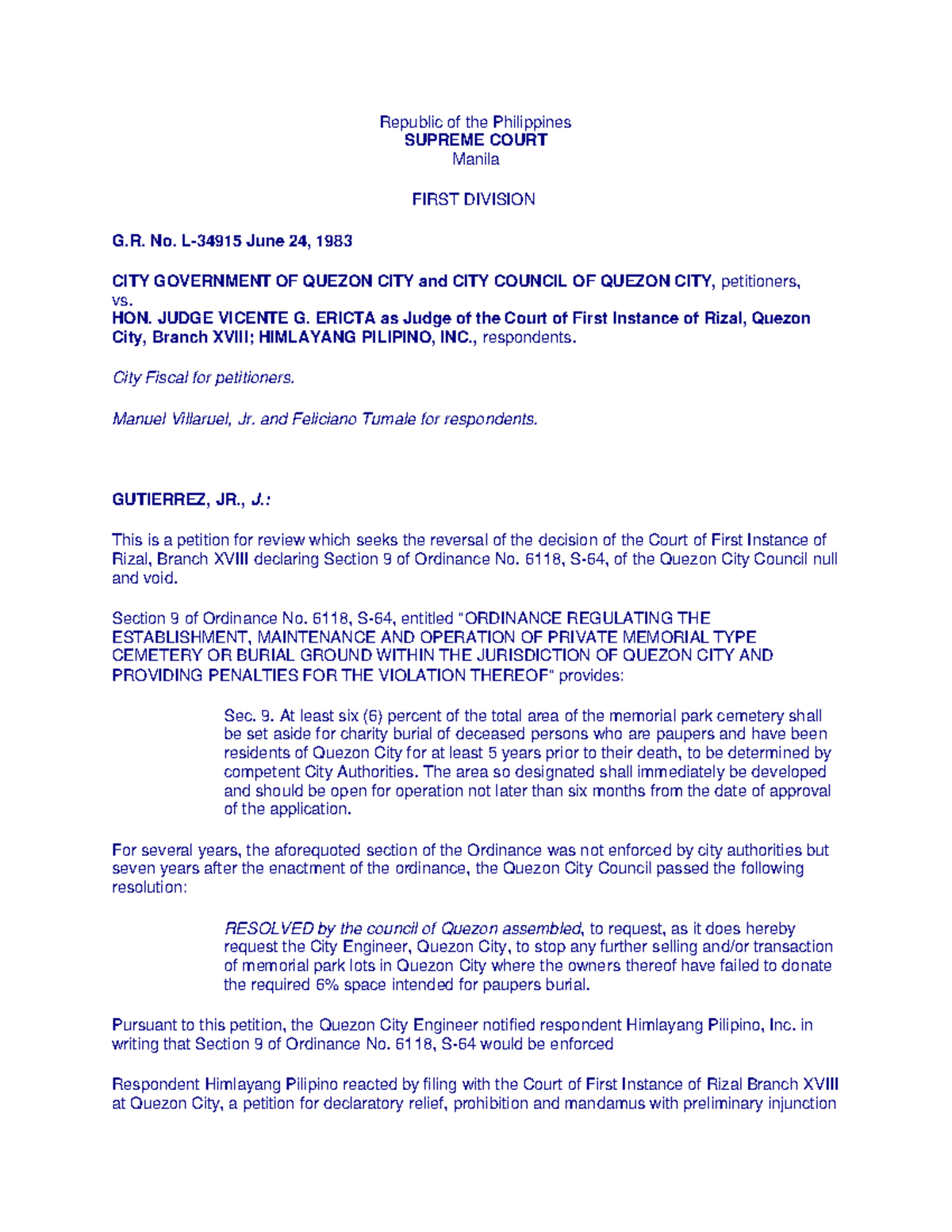City Government of Quezon City v. Ericta - Republic of the Philippines ...