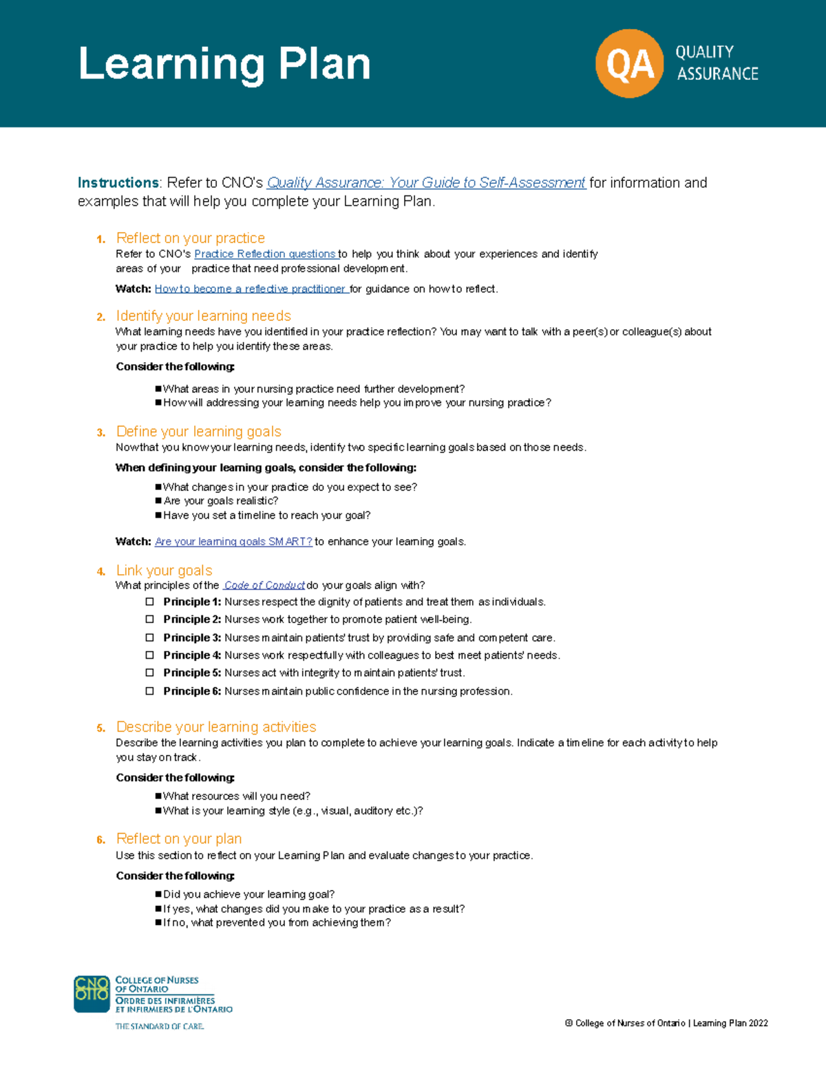 CNO QA Learning Plan: Goals, Reflections, and Activities - Studocu