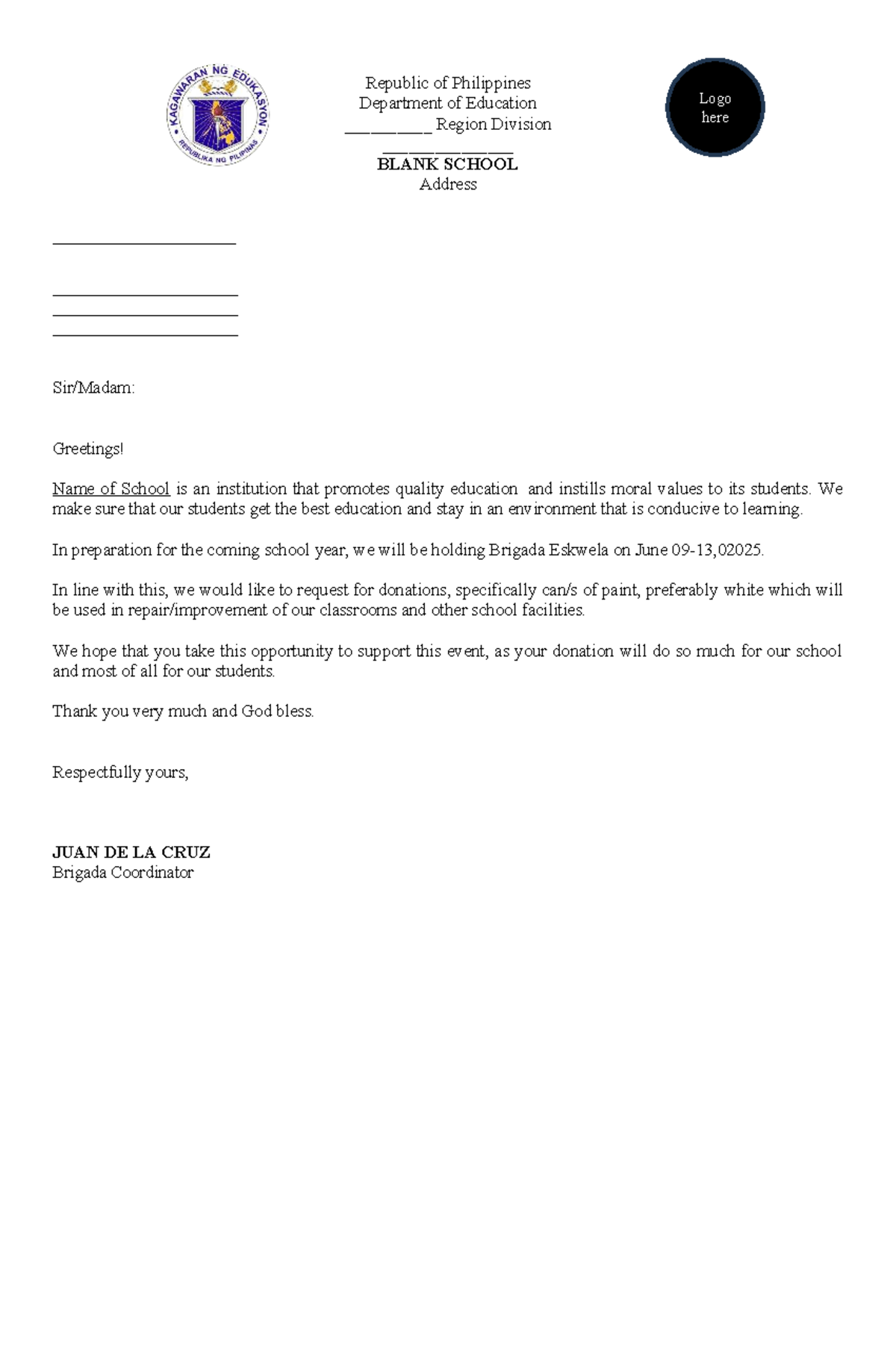 Brigada Eskwela 2024 Donation Solicitation Letter - Studocu