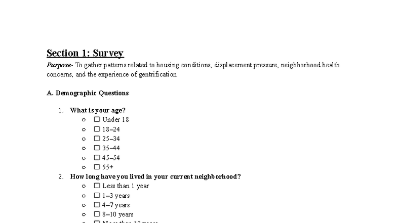 Housing Conditions & Gentrification Survey: Questionnaire & Interview ...