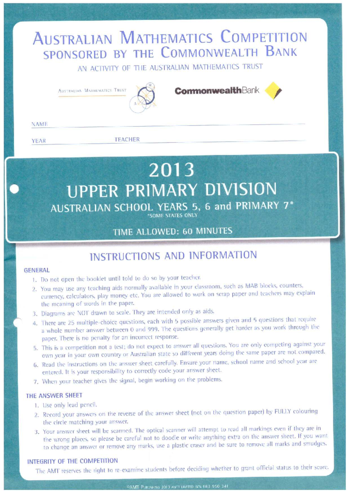 Australian Mathematics Competition 2013 Paper - Upper Primary - Studocu