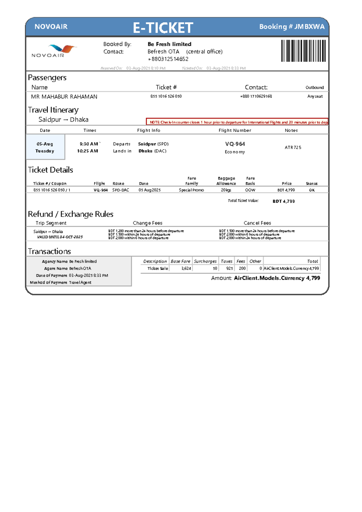 NOVOAIR Flight Itinerary: MR Mahabur Rahaman - 05 Aug 2025 - Studocu