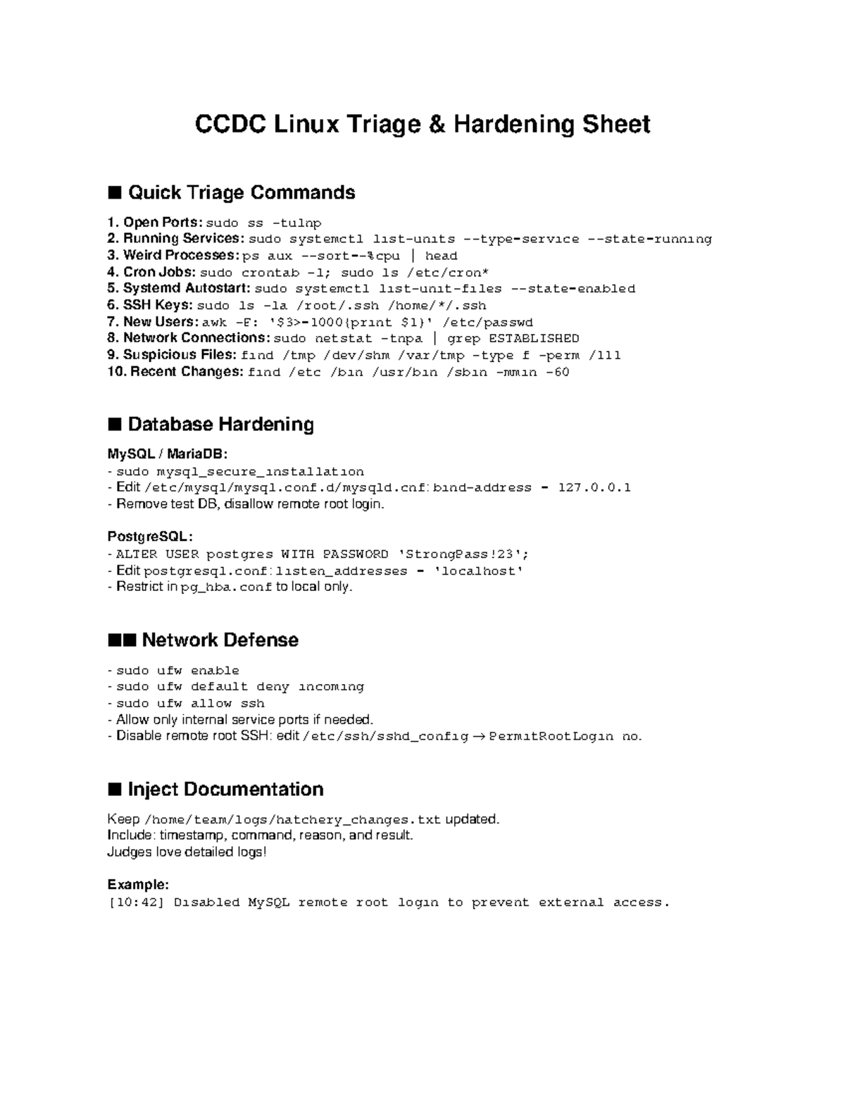CCDC Linux Triage & Hardening Sheet: Quick Commands Guide - Studocu