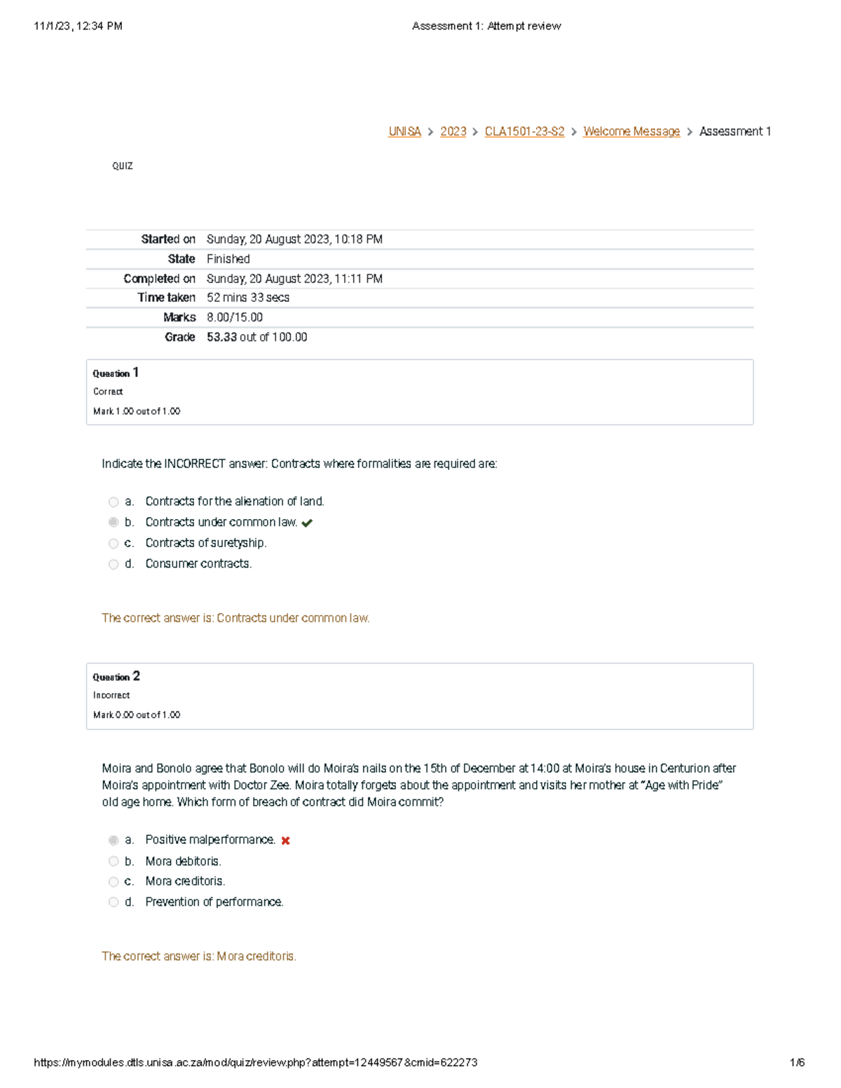 CLA1501-23-S2 Assessment 1 Attempt Review and Marks Analysis - Studocu