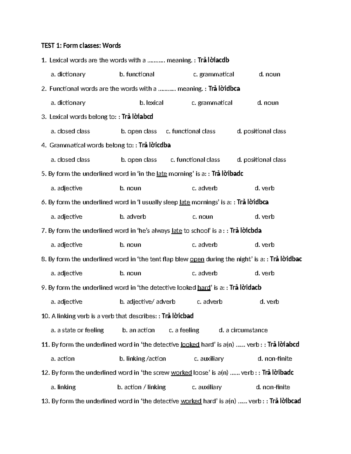TEST 1: Form Classes and Lexical Words Analysis - Studocu