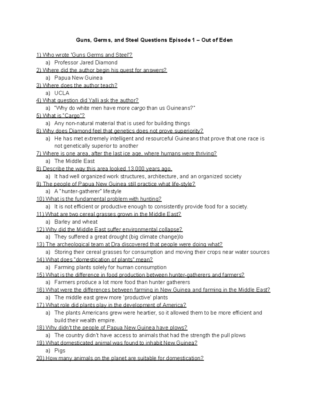 Guns, Germs, and Steel: Episode 1 Questions & Insights - Studocu