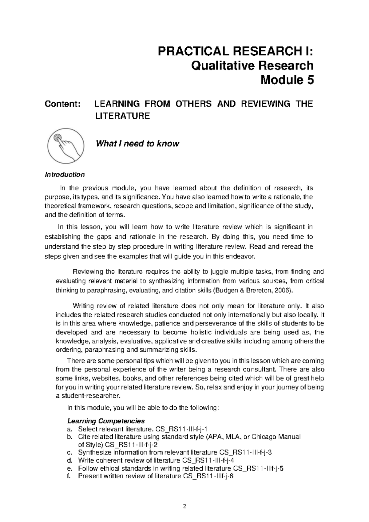 Practical Research I: Module 5 - Writing Literature Reviews (CS_RS11 ...