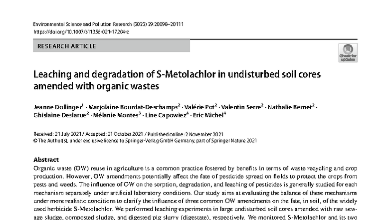 Leaching and Degradation of Herbicides in Soil with Organic Waste Amendments - Studocu