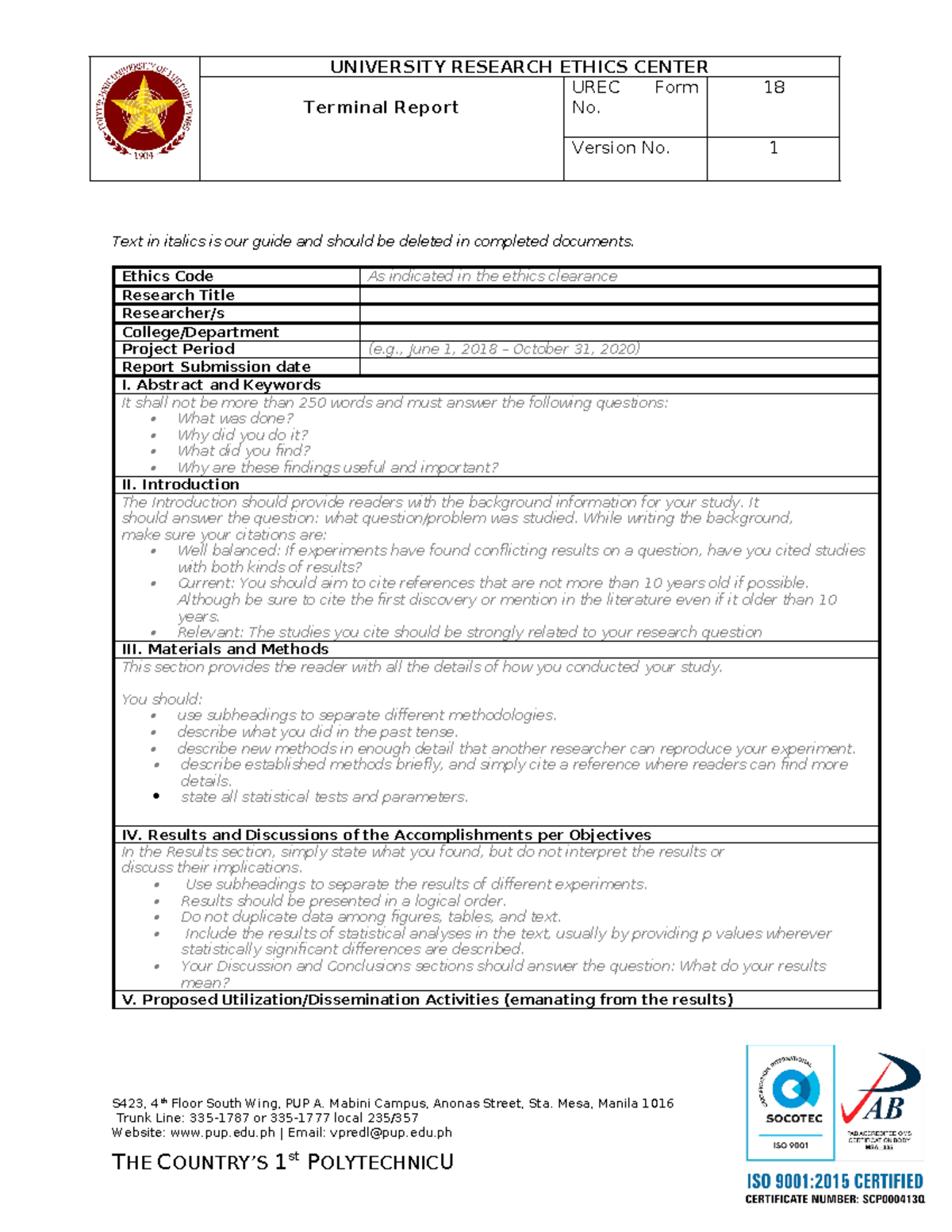 UREC Form 18: Terminal Report Template for Research Ethics Docs - Studocu