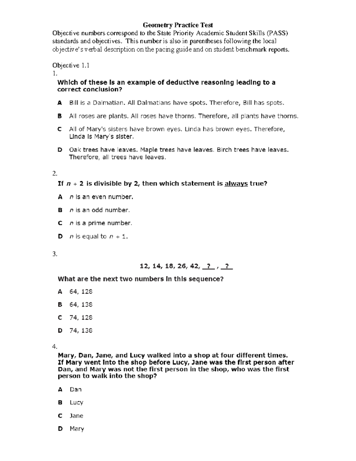 Geometry Practice Test: State PASS Standards Objectives Review - Studocu