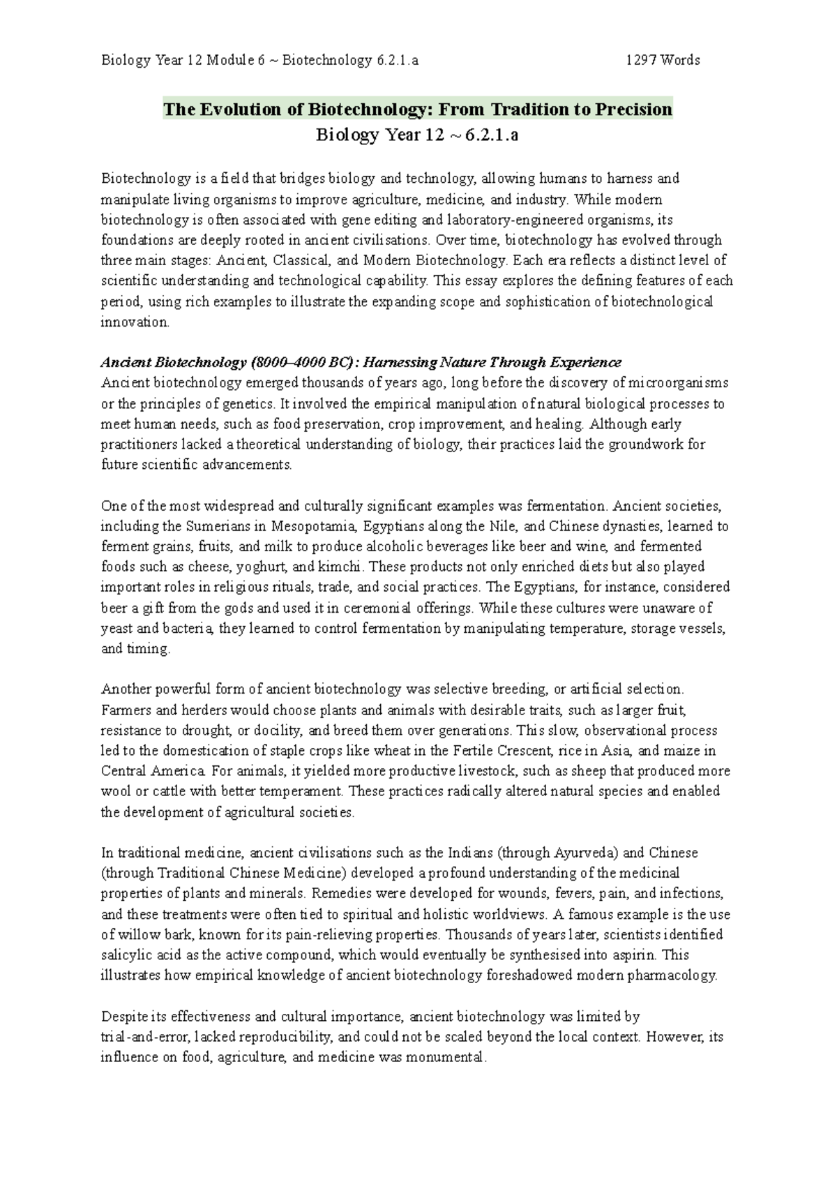 Biology Year 12 Final Exam Essay: The Evolution of Biotechnology - Studocu