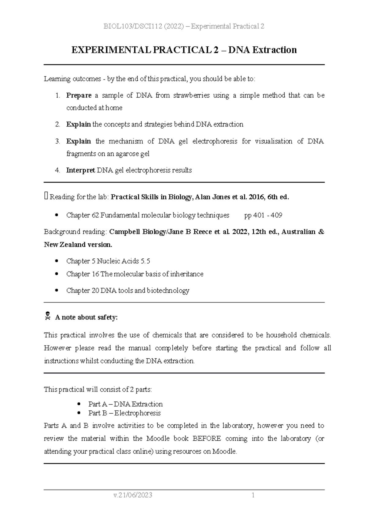 BIOL103 (2022) Practical 2 - DNA extraction (manual pages) - EXPERIMENTAL PRACTICAL 2 – DNA ...