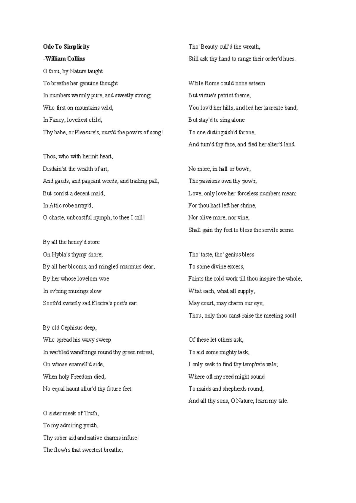 Poetry Print - Poems Renaissance - Ode To Simplicity William Collins O ...