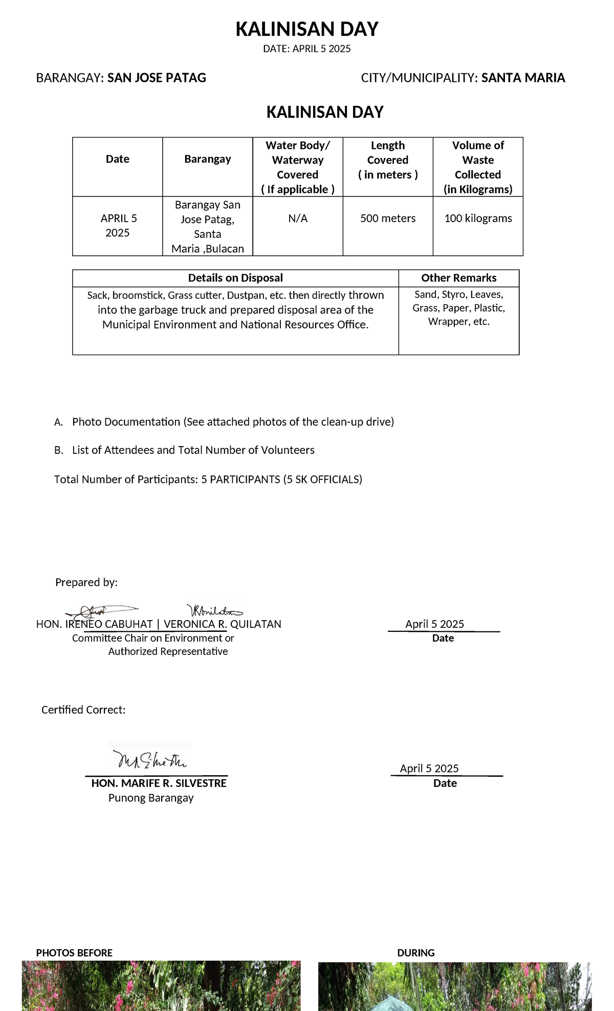 SAN JOSE Patag April 5 Kalinisan DAY - KALINISAN DAY DATE: APRIL 5 2025 ...