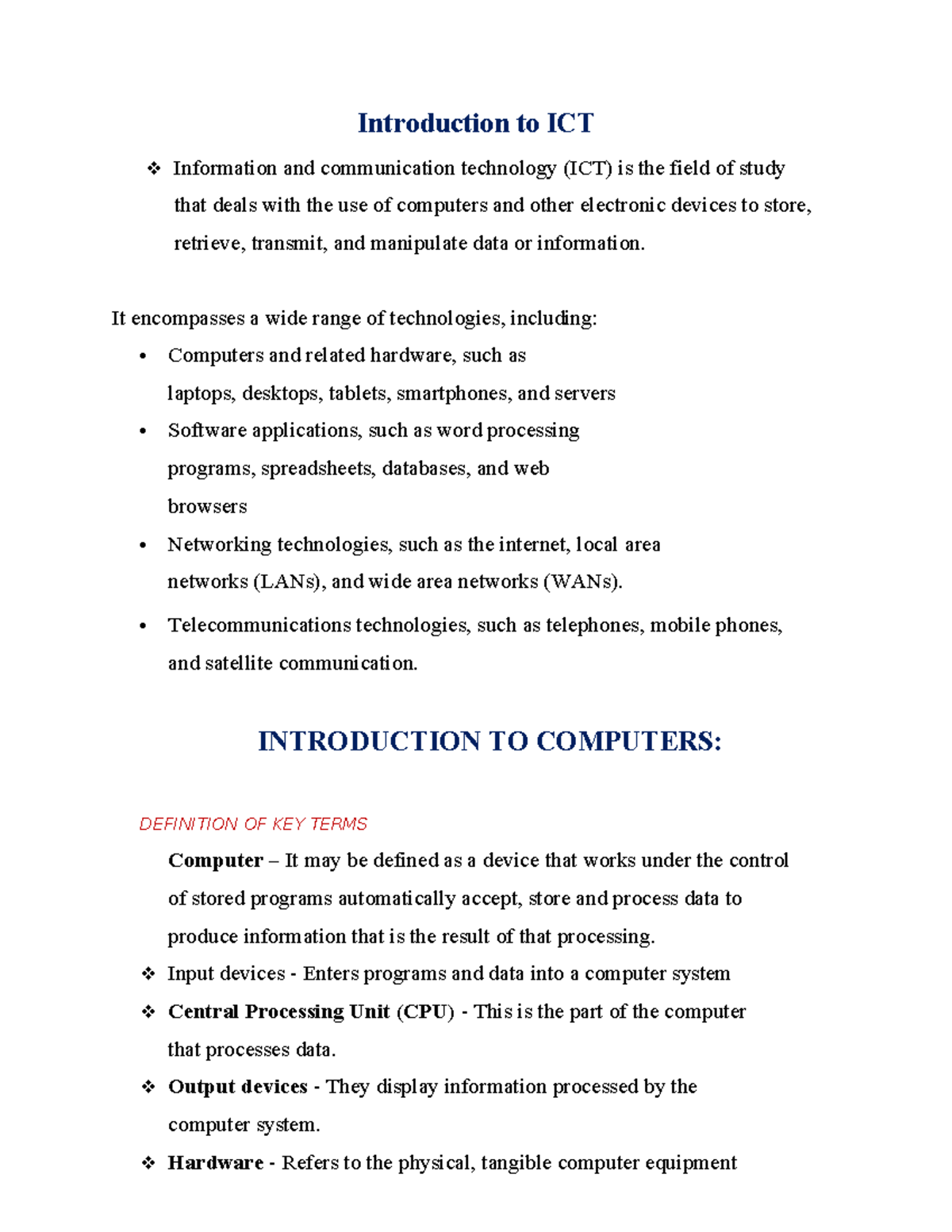 ICT Notes: Introduction to Information & Communication Technology (CPA ...