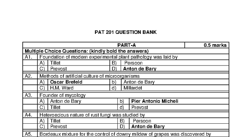Question Bank for PAT 201: Fundamentals of Plant Pathology - Studocu