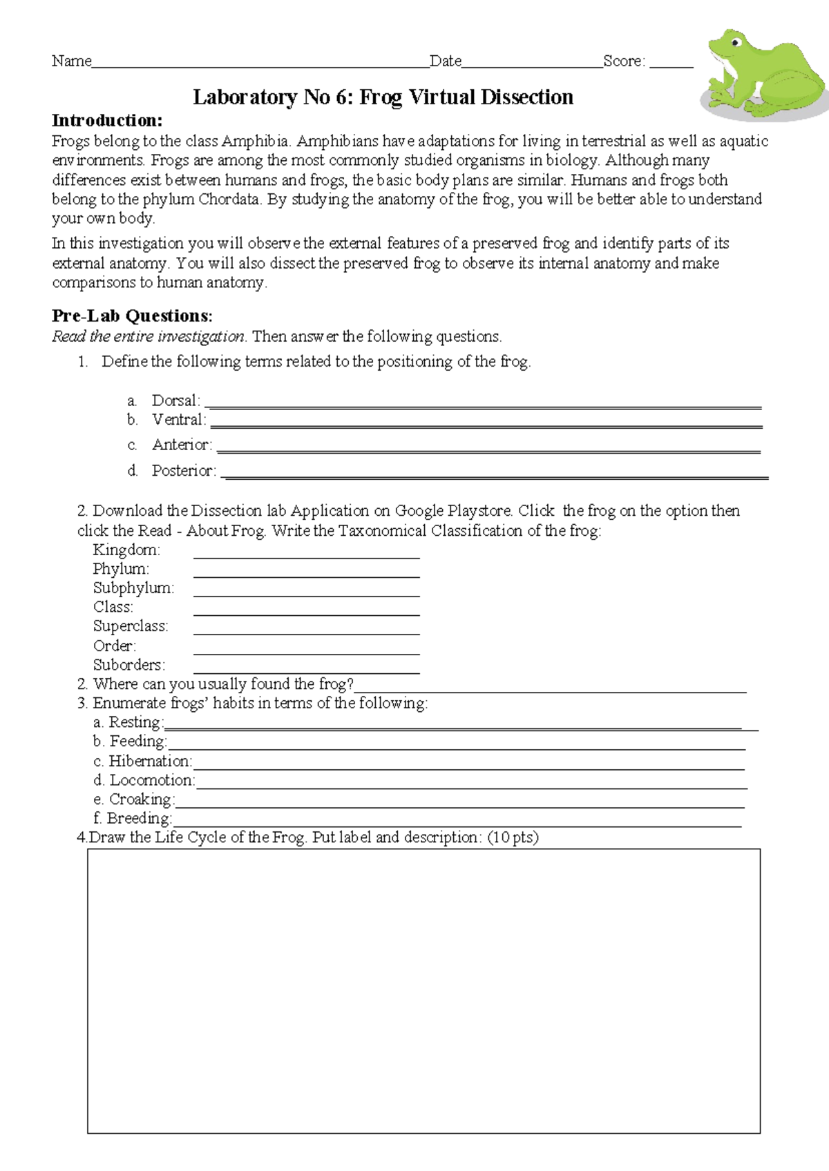 Lab No 6: Virtual Frog Dissection & Anatomy Overview - Studocu