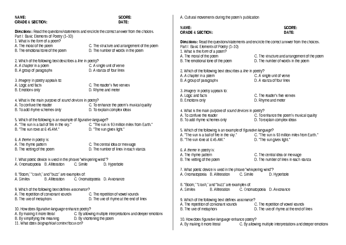 ENG7 Q1 W2 Quiz: Understanding Basic Elements of Poetry - Studocu