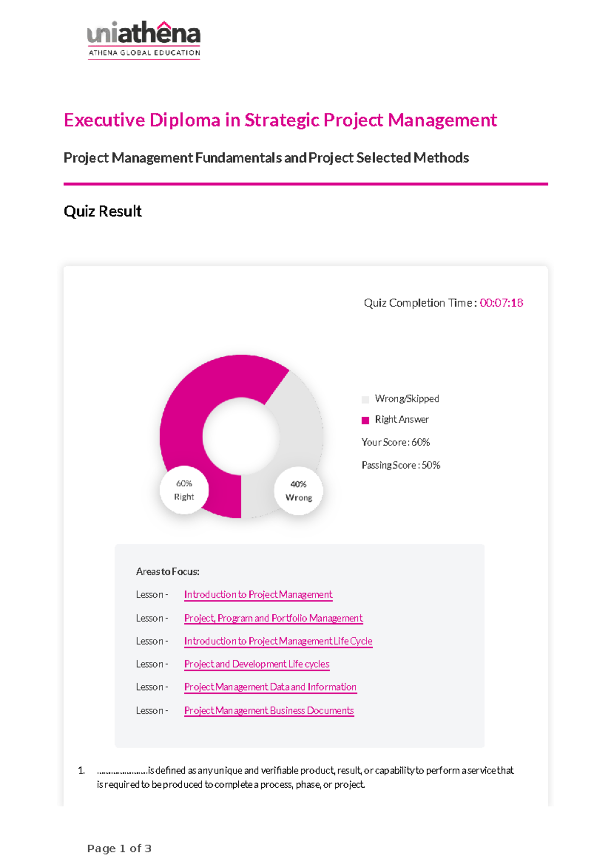 Quiz Result: Executive Diploma in Strategic Project Management - Studocu