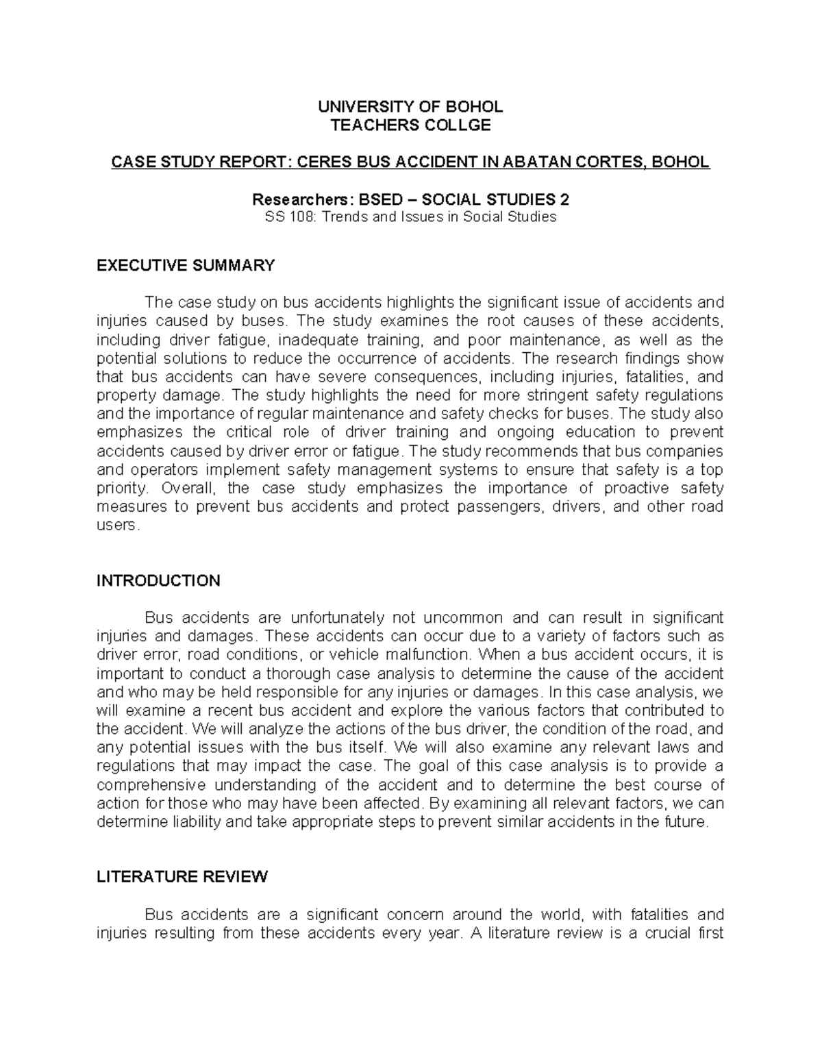 BSED SS 108: Case Study on Ceres Bus Accident in Abatan, Bohol - Studocu
