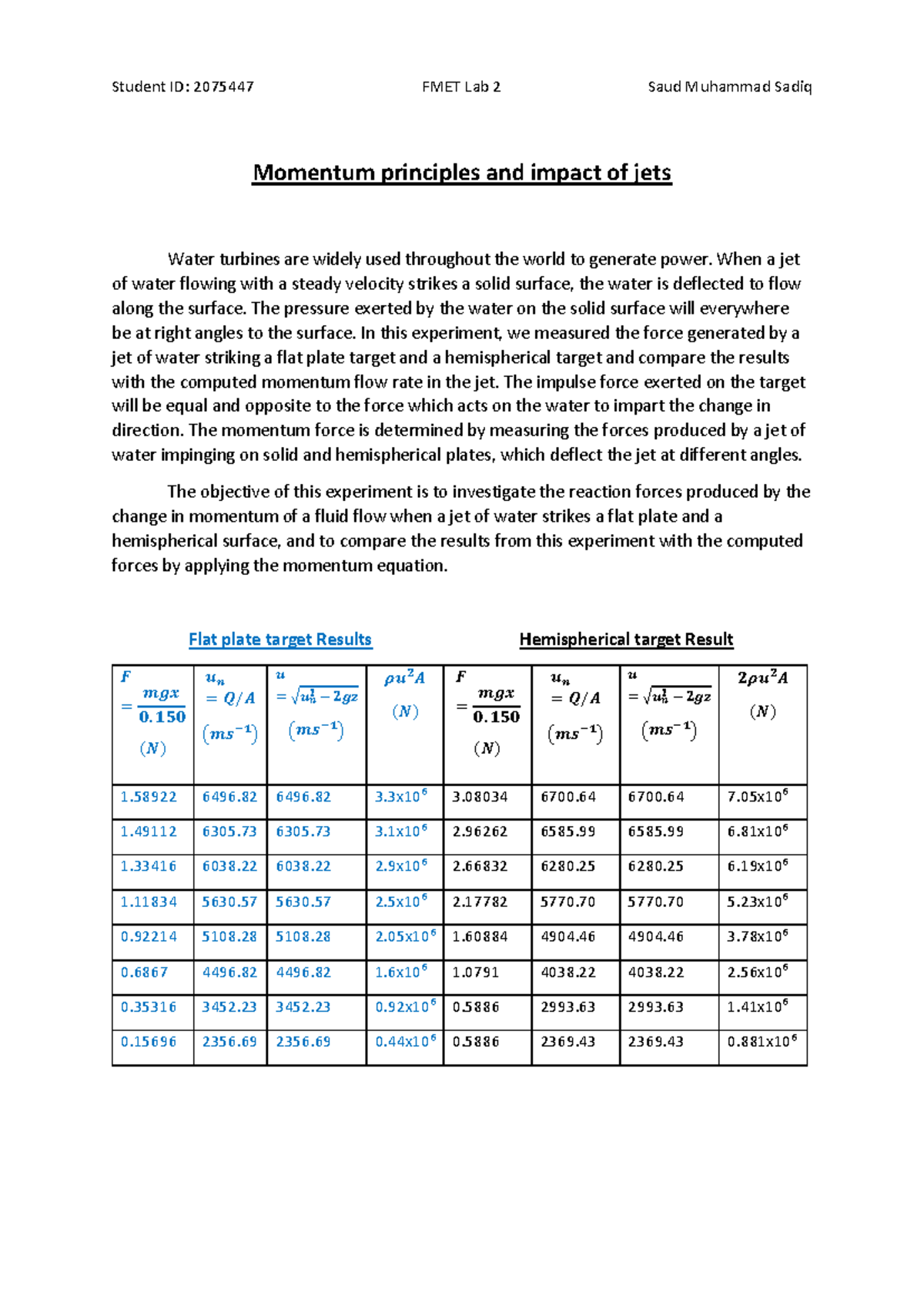 FMET Lab 2 - FMET Lab 2 Solved worksheet - Student ID: 2075447 FMET Lab ...