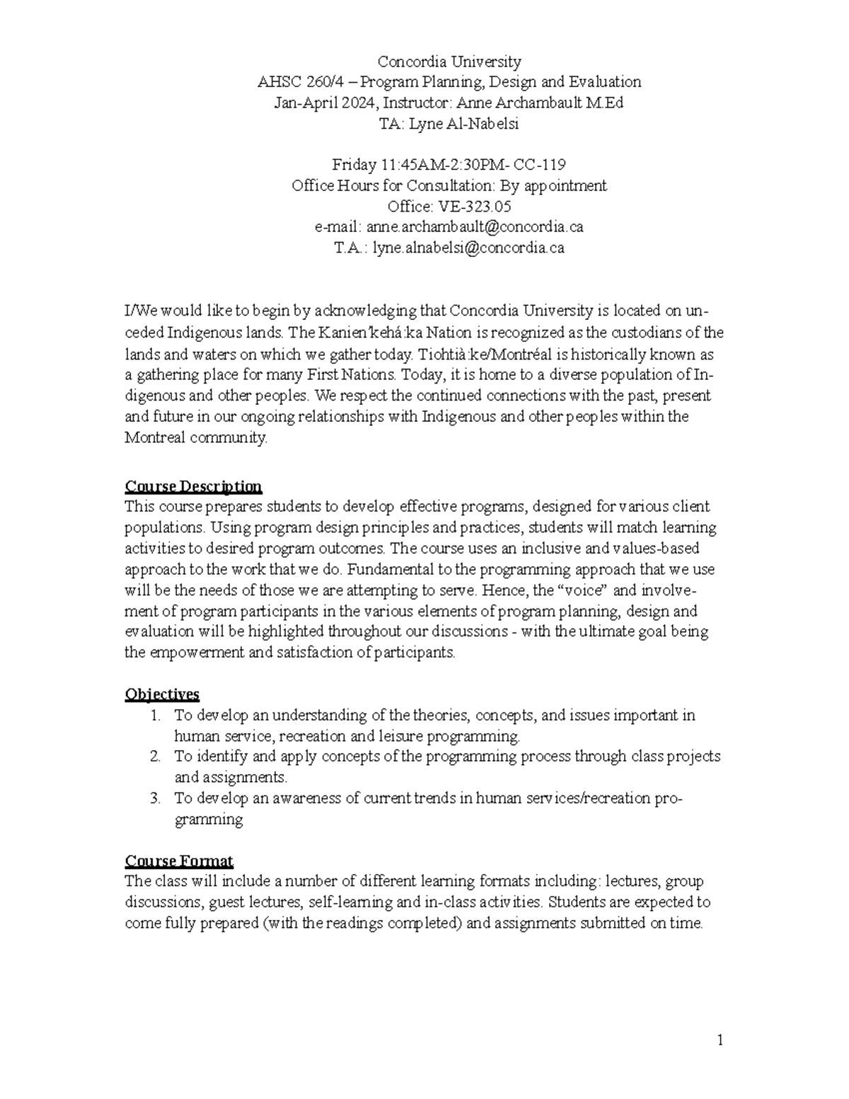 Course Outline AHSC 260 - Program Planning & Design (Jan-April 2024 ...