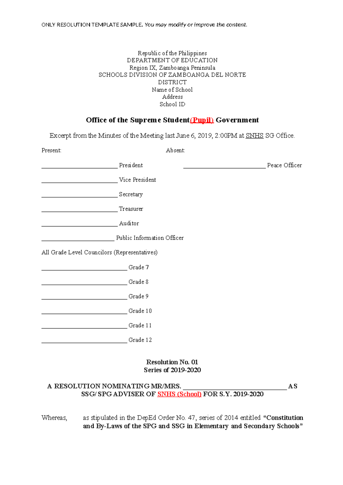 Resolution Templates for Student Government Meetings (SY 2019) - Studocu