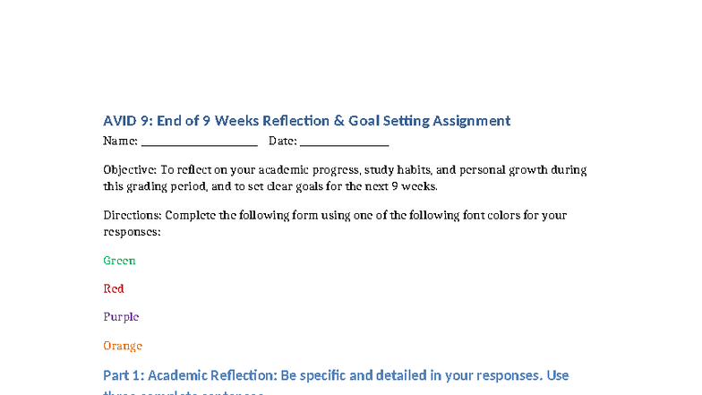 AVID 9: 9-Week Reflection & Goal Setting Assignment - Studocu