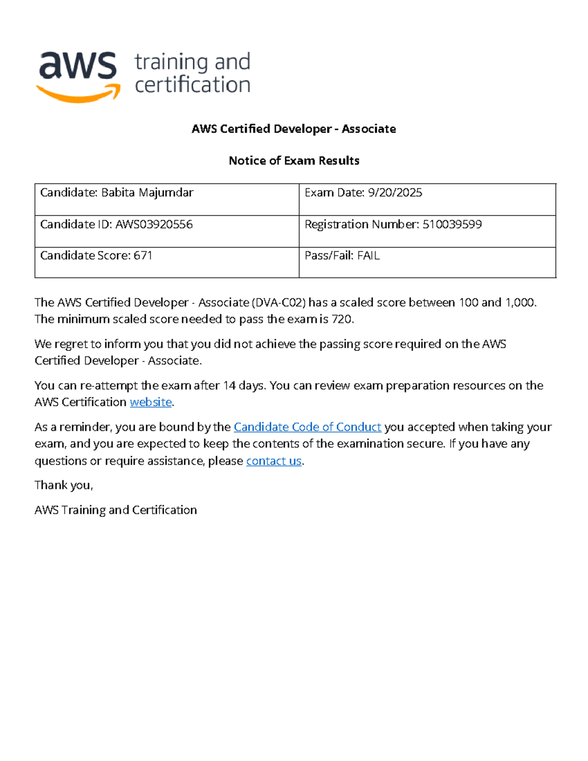 AWS Certified Developer Associate Exam Results - Fail Notice - Studocu